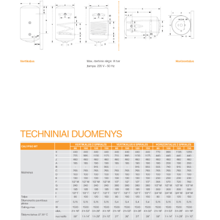 Kombinuotas elektrinis vandens šildytuvas 120 litrų horizontalus Calypso MT 2 spiralės gauti ...